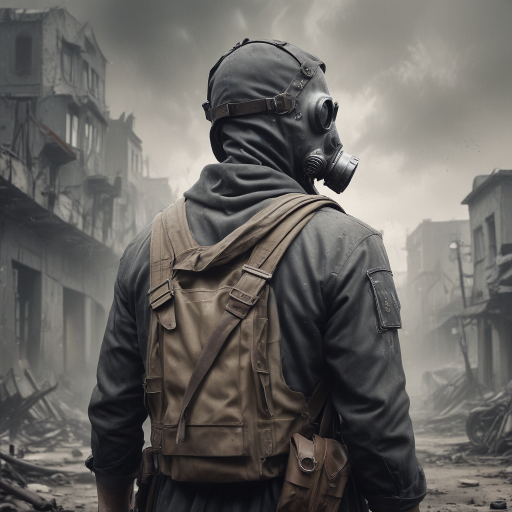 post apocalyptic survivor man with gasmask on back to camera gun ...