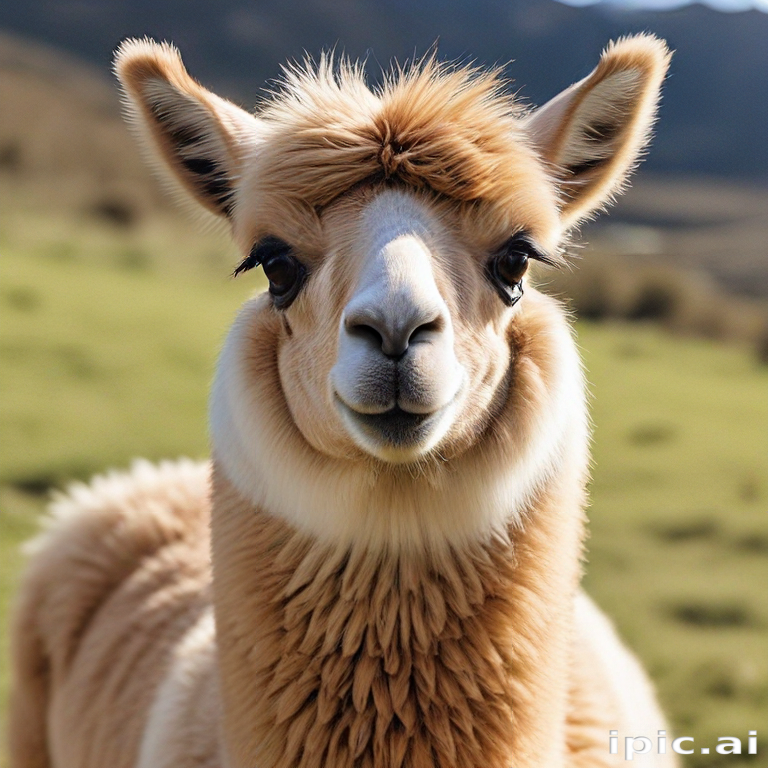 Adorable Alpaca Smiling Brightly Against a Scenic Mountain Background