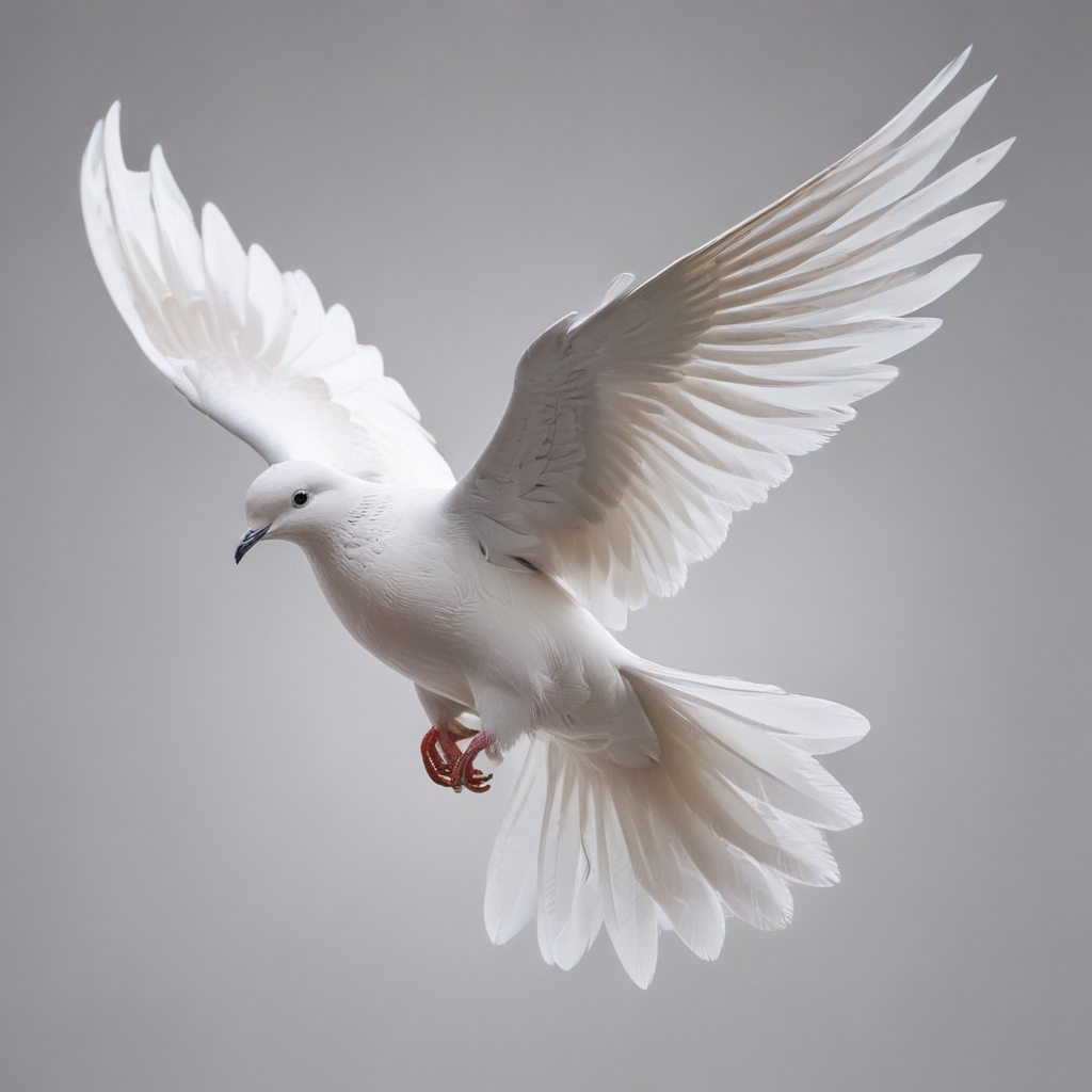 A Majestic White Dove in Mid-Flight Against a Soft Grey Background