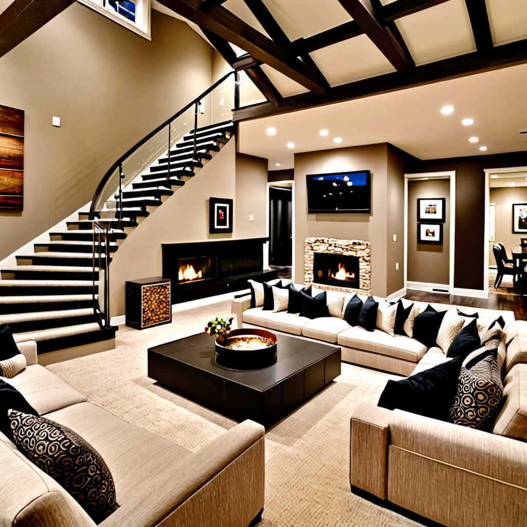 high end basement living area with couches, coffee tables, fireplace ...