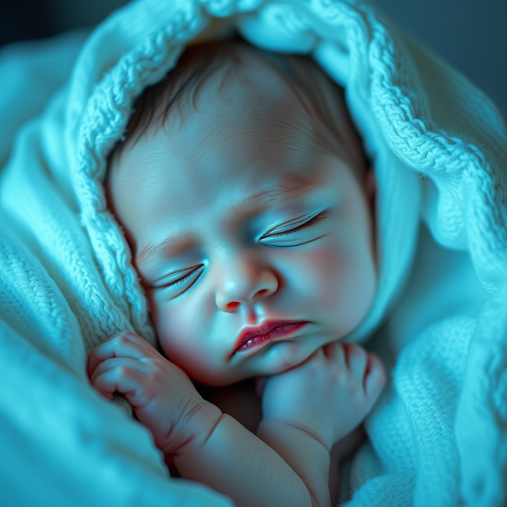 Generate a hyper-realistic image of a sleeping baby wrapped in soft ...