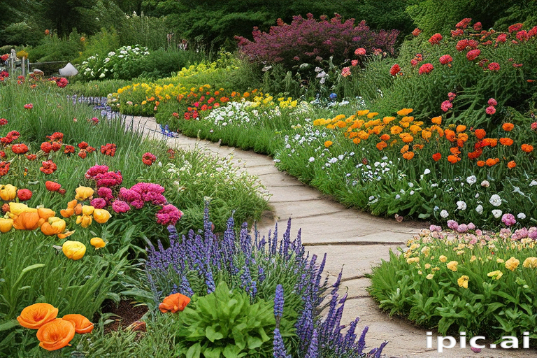 Vibrant Flower Pathway Surrounded by Colorful Blooms in a Lush Garden