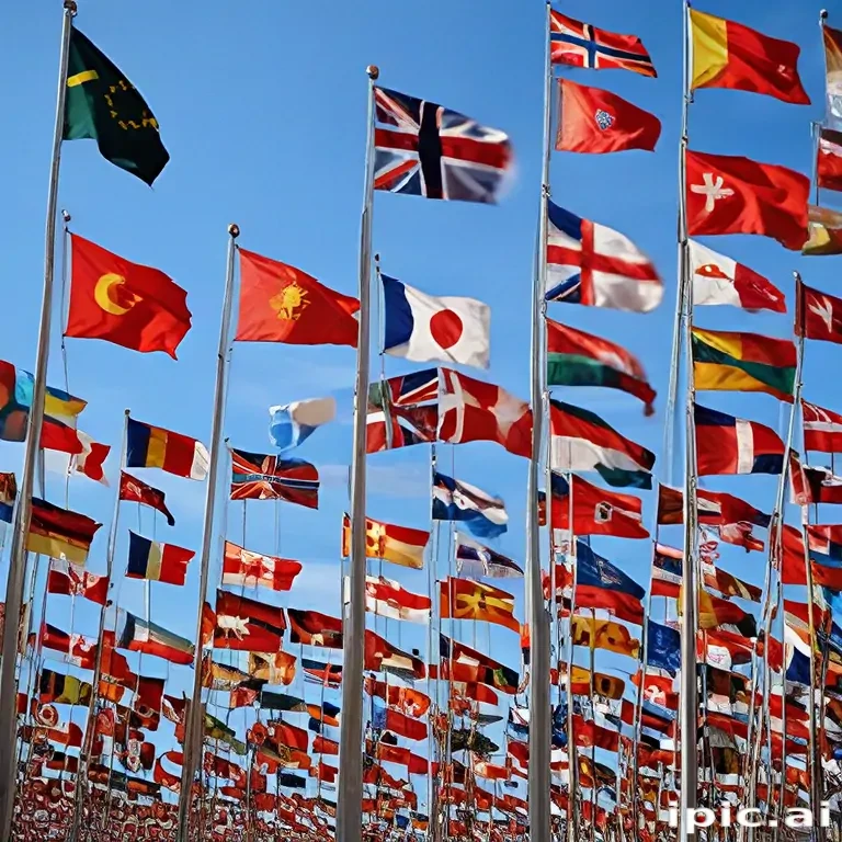 Colorful Display of International Flags Against a Clear Blue Sky