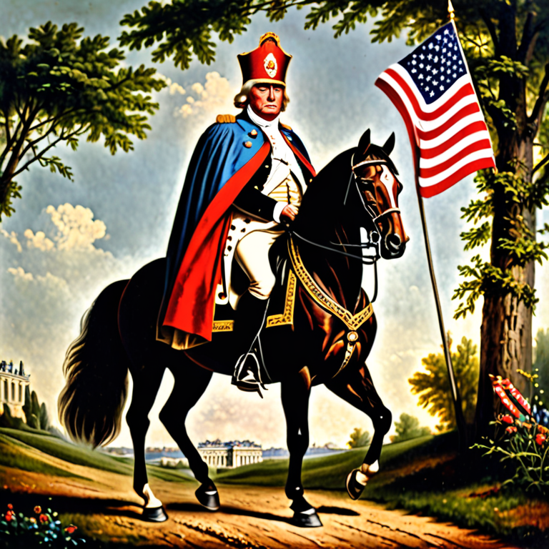 trump whit a crown and American flag cape in the portrait of Napoleon ...