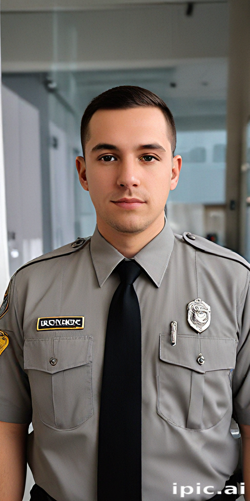 Young Security Officer Standing Confidently in Modern Building Interior