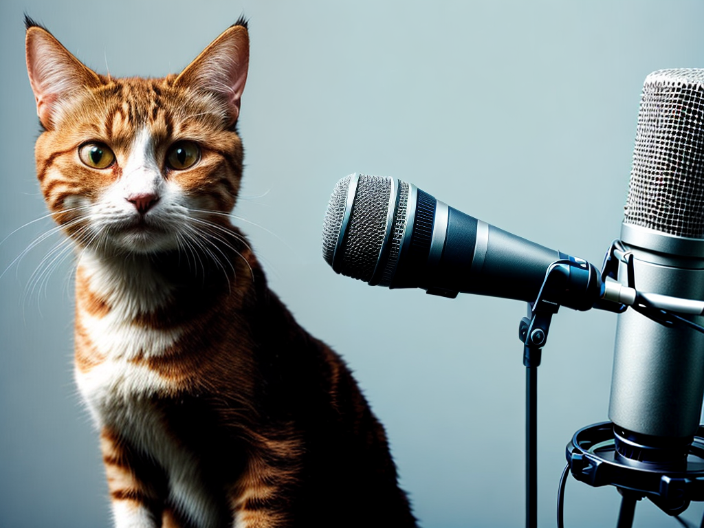 cat with a red hat singing into a microphone in a recording studio