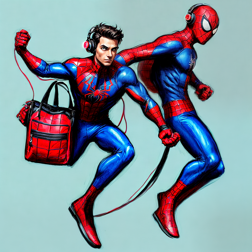 spider man cartoonish sketch with headphones and bag pack, jacket with ...