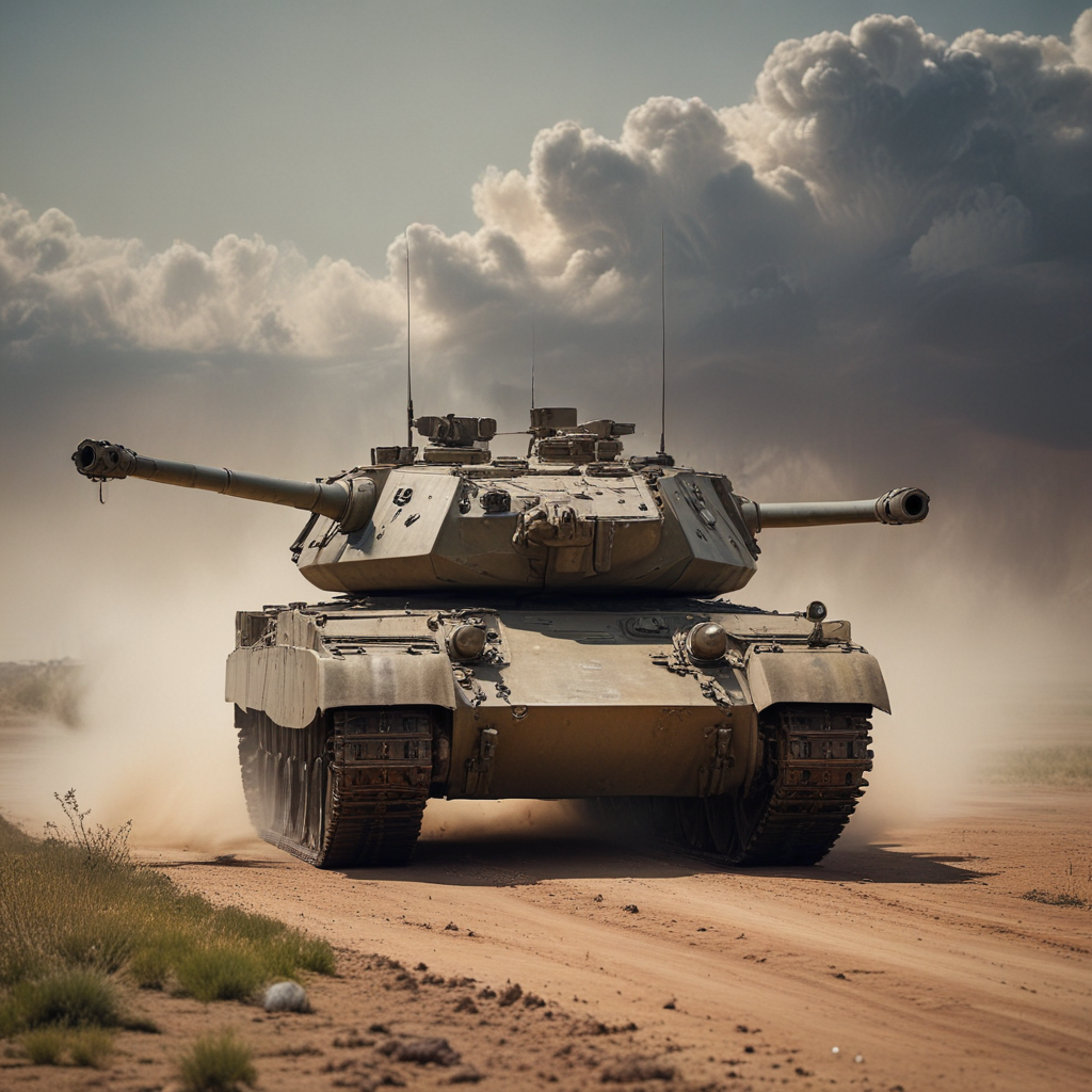 Powerful Military Tank Advancing Through Dusty Terrain Under Dramatic Skies