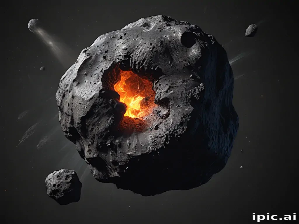 Fiery Core of a Volcanic Asteroid Surrounded by Floating Debris in Space