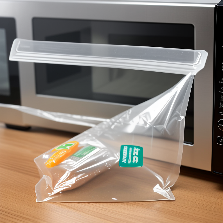 Microwave-Safe Plastic Bag with Food Inside on Kitchen Countertop