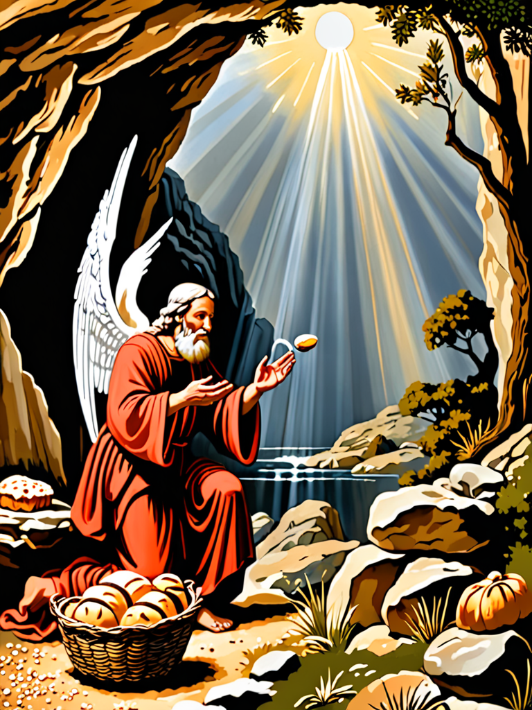 Prophet Elijah in the cave receiving bread and water from an angel