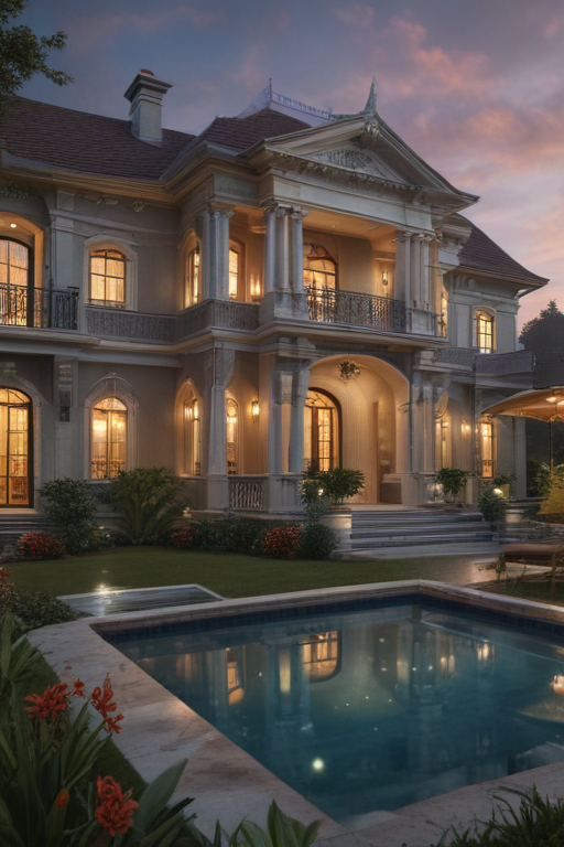 Elegant Luxury Mansion with Pool Surrounded by Lush Gardens at Dusk