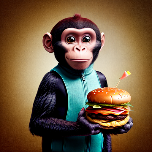 Monkey in outfit holding a hamburger, showing the hamburger,