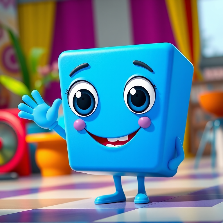A Cheerful Blue Character Waving Happily in a Colorful Playroom Setting.