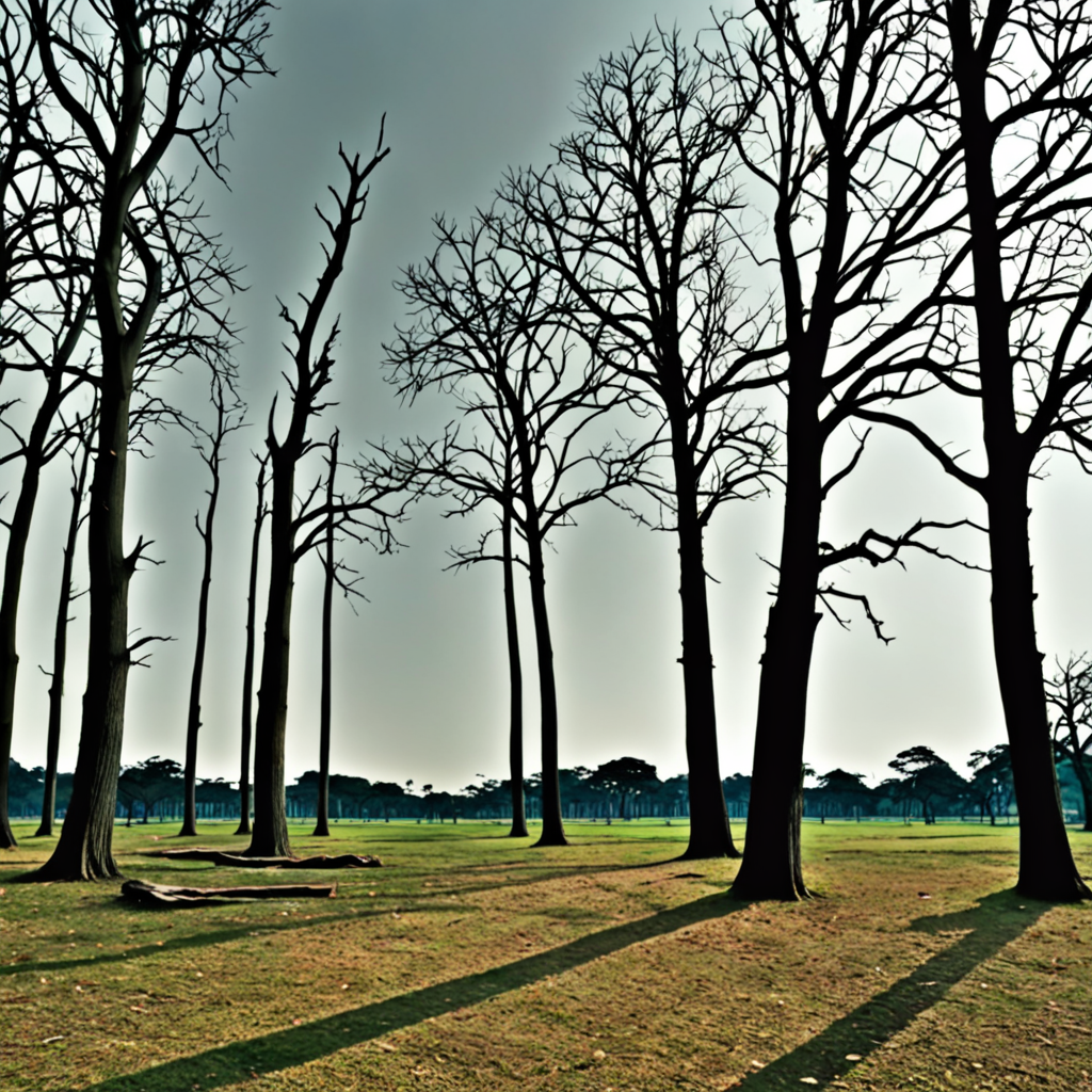 Dark and empty park with dead trees panoramic view anime style
