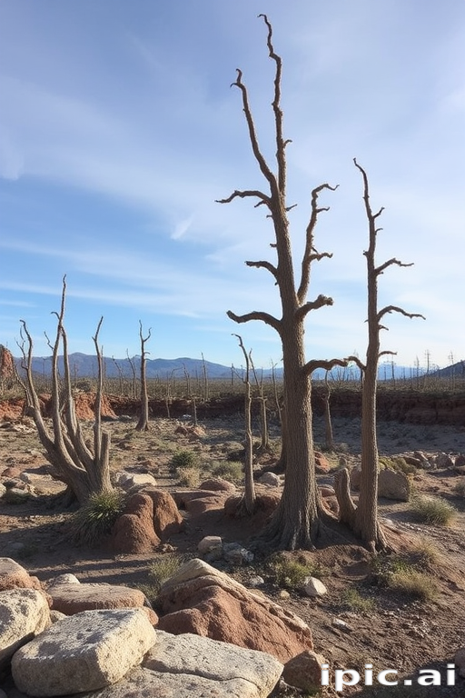 Desolate Landscape Featuring Stripped Trees Against a Clear Blue Sky