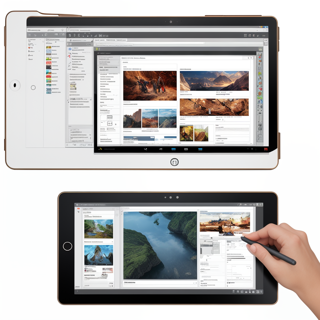 Dual Tablet Display Showcasing Image Editing Software with Scenic ...