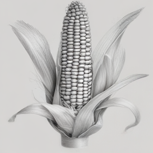 Intricate Pencil Drawing of a Corn Cob Surrounded by Lush Green Leaves