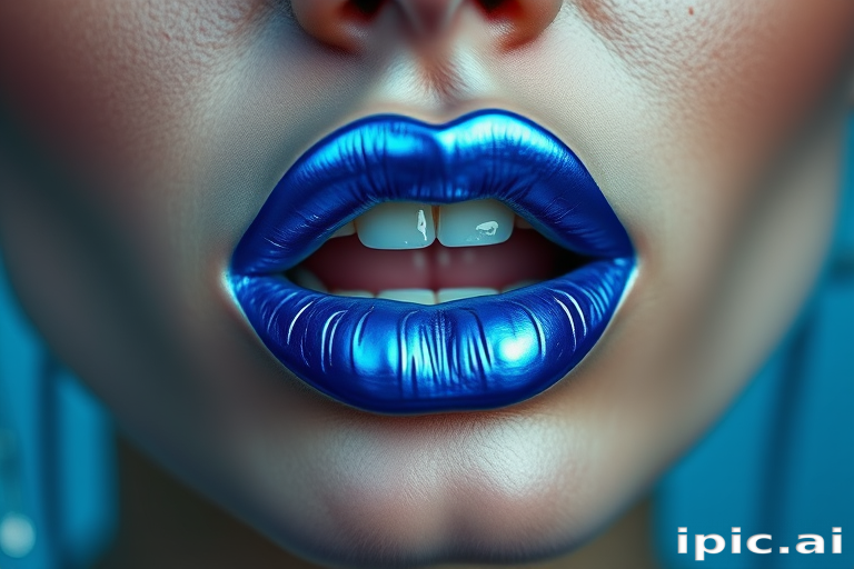 Close-Up of Glossy Blue Lips with Unique Teeth and Vibrant Shine