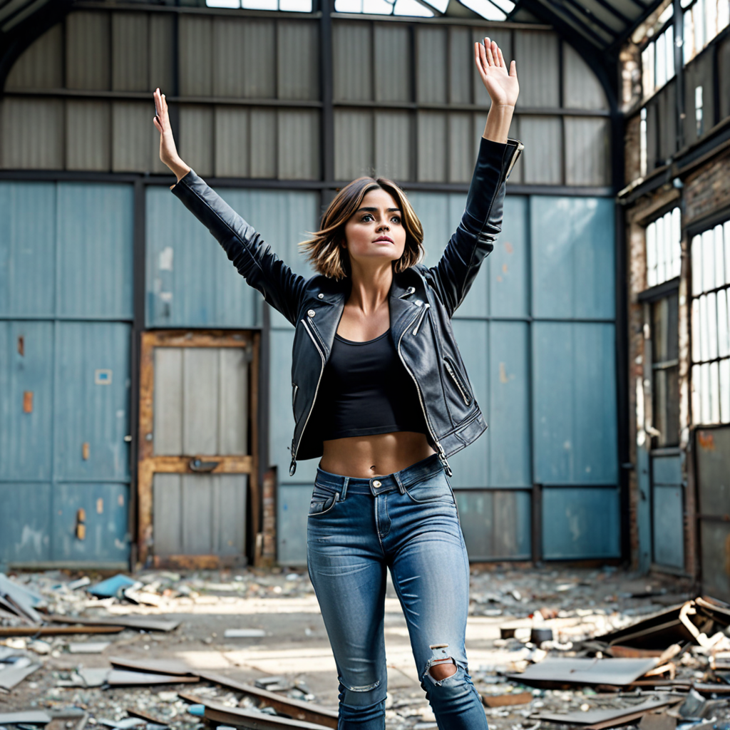 jenna coleman surprise expression , both arms in the air, falling over ...