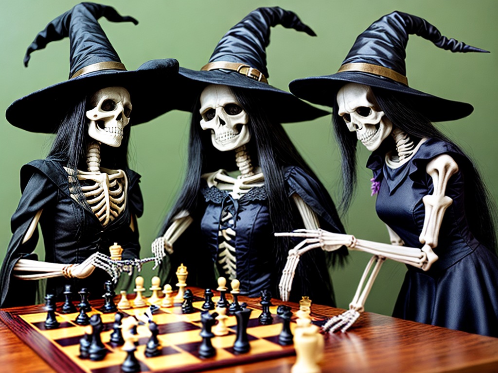 a witch and a skeleton playing chess
