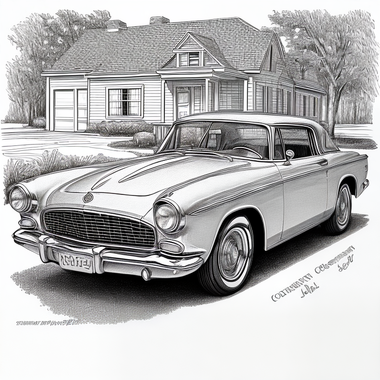 coloring page, no color, car in a stret, cartoon style, low detail, no ...