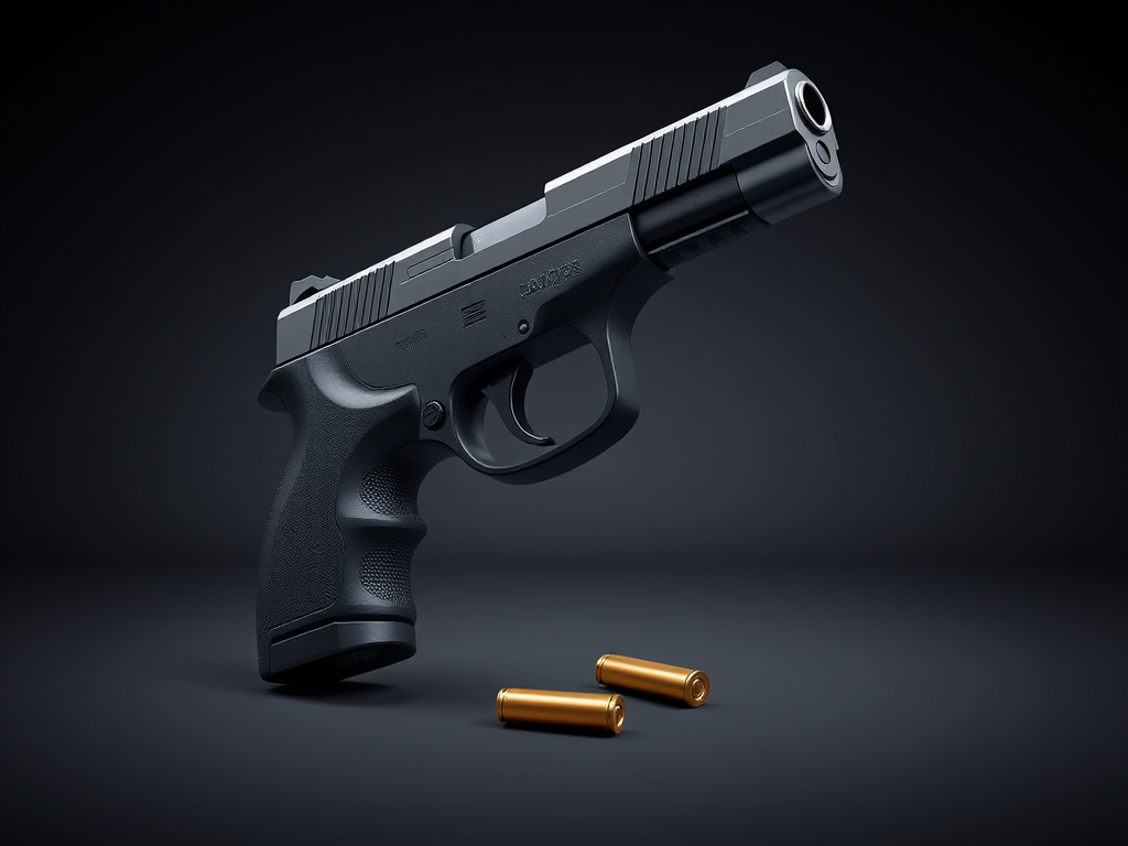 Create a high-quality digital illustration of a sleek, modern handgun ...