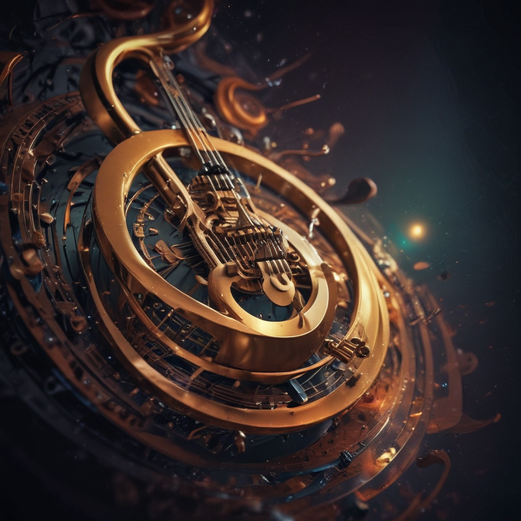 Intricate Golden Guitar Design Surrounded by Dynamic Musical Elements ...