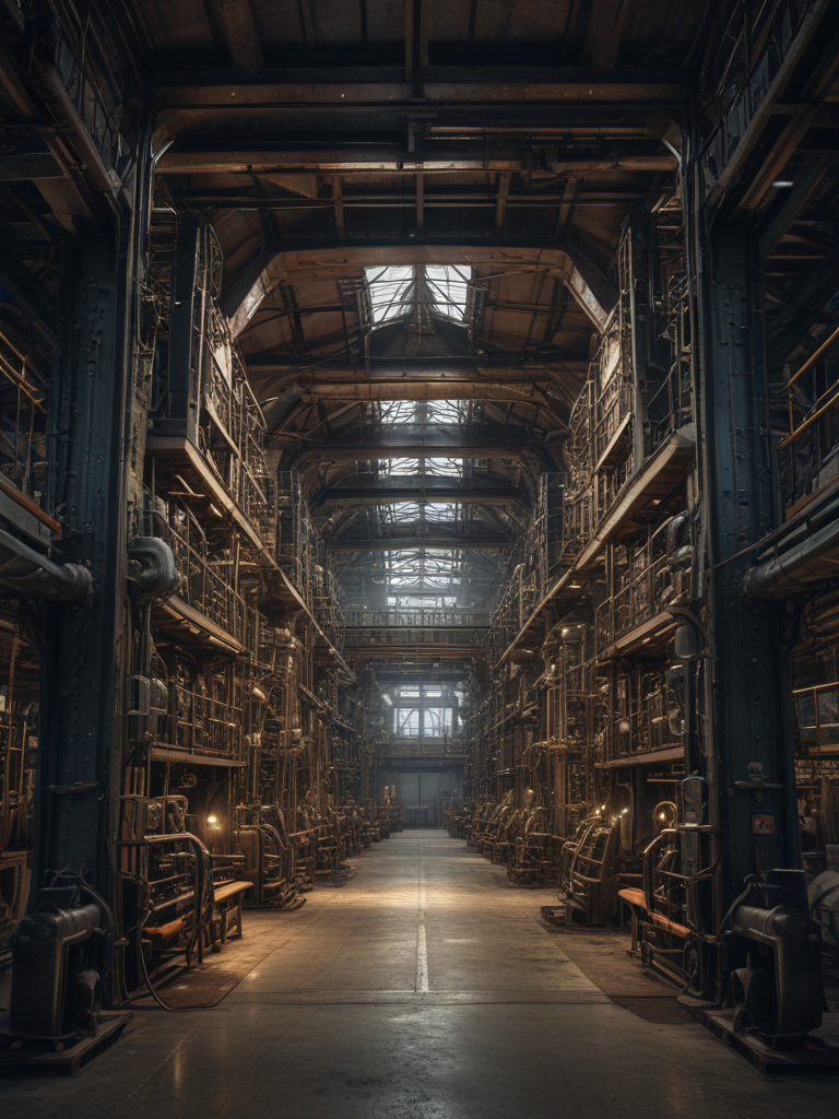 Abandoned Industrial Warehouse with Dim Lighting and Vintage Machinery ...