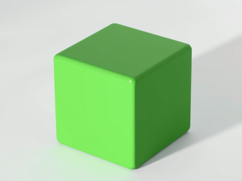 A Bright Green Cube Sitting on a Light Background with Shiny Surface.
