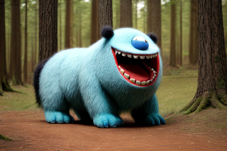 fluffy cute fat monster made of wood with teeth in a forest