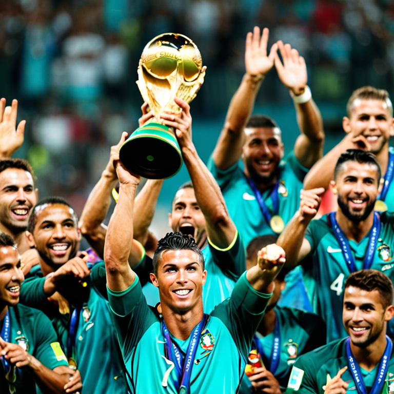 Cristiano Ronaldo lifting the world cup trophy with the national team ...