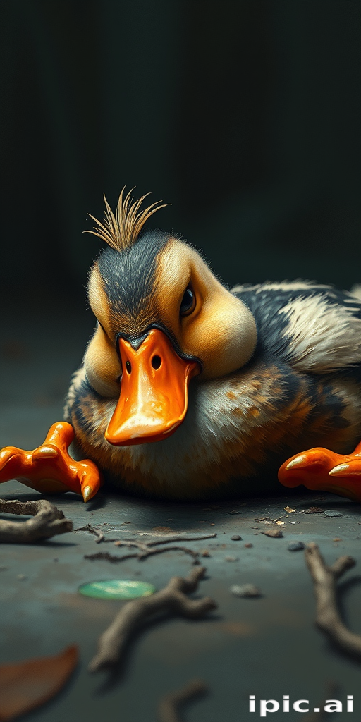 A Charming Cartoon Duck Relaxing Amidst Twigs and Leaves in Nature.
