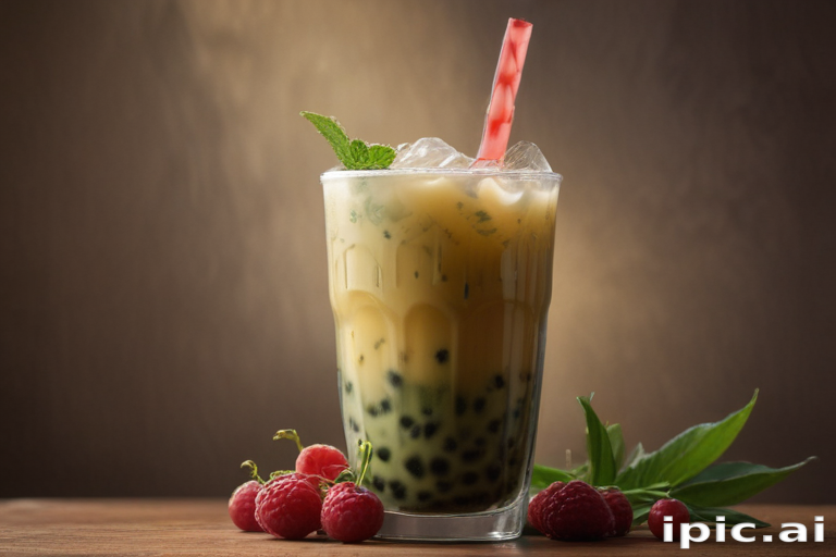 A Refreshing Glass of Colorful Bubble Tea with Raspberries and Mint ...