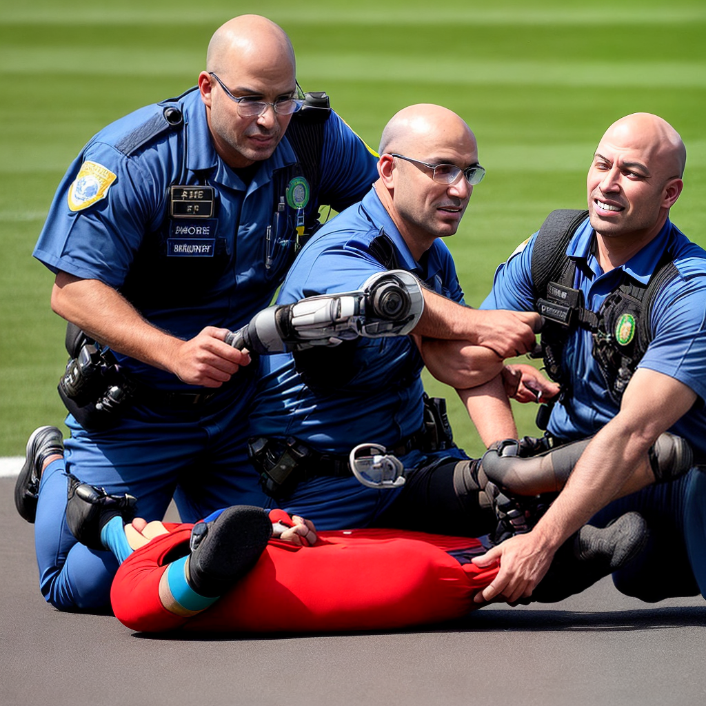 a bald paramedic with bionic arms and legs rescuing a person from a car ...