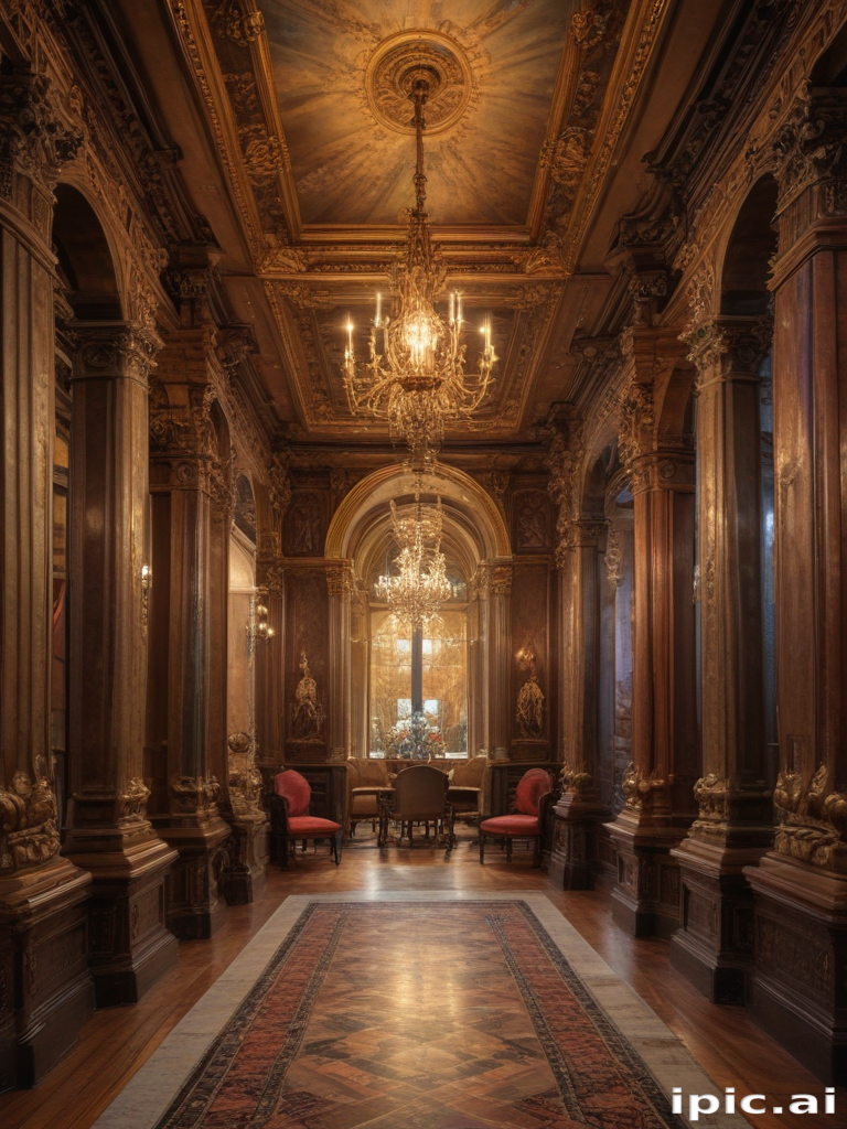 Opulent Hallway with Intricate Architecture and Elegant Chandeliers ...
