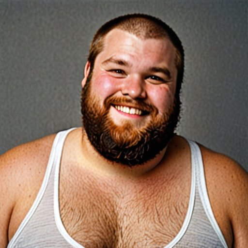 A bearded obese man with a mischievous grin and hairy chest