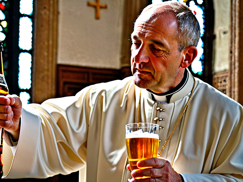 Catholic priest drinking beer