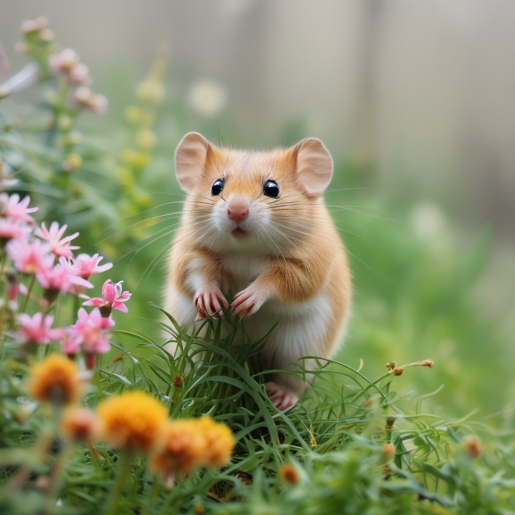 adorable dormouse standing on back legs to smell a flower