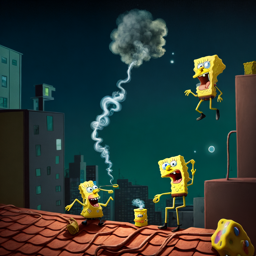 spongebob smoking crack on the rooftop of a building, by night