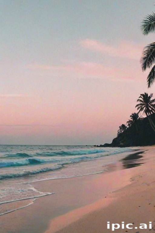 Tranquil Beach Scene with Gentle Waves and Colorful Sunset Sky