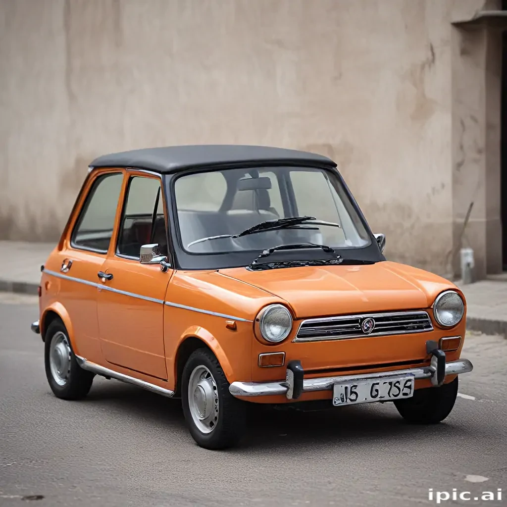 A Bright Orange Classic City Car Driving Down a Quiet Street.