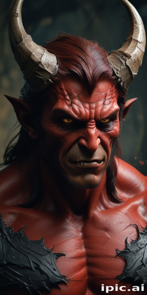 Intense Portrait of a Fierce Red Demon with Horns and Muscular Build