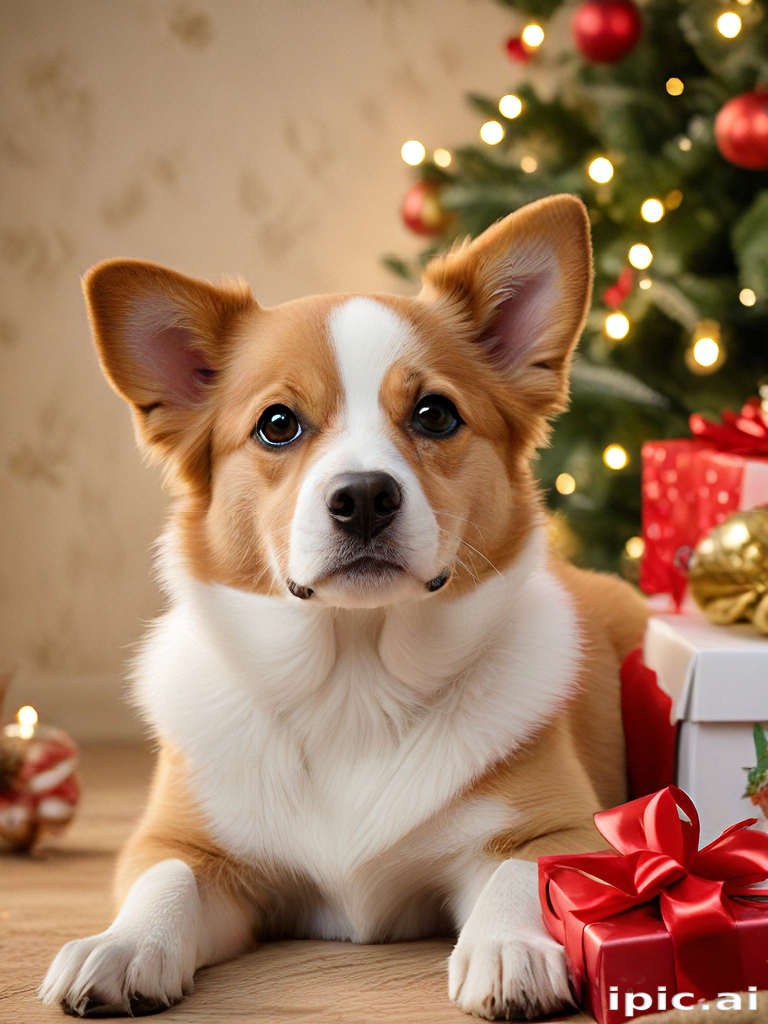 A Charming Corgi Relaxing Beside a Christmas Tree and Presents.