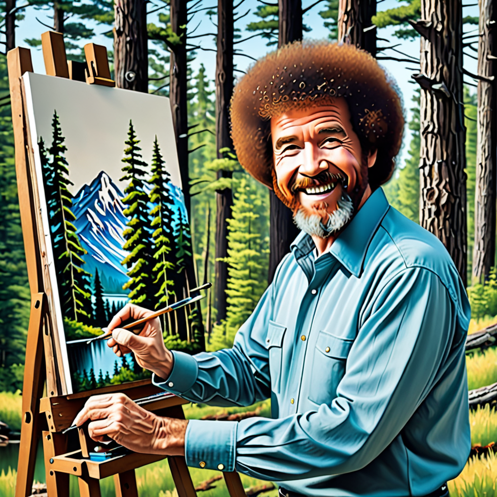 Bob Ross painting a picture of happy trees