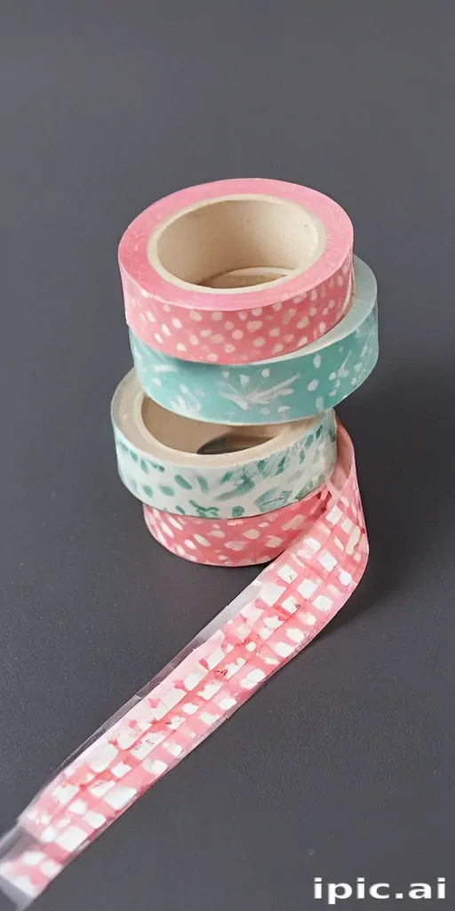 Colorful Washi Tape Rolls Stacked Neatly with a Length Unrolled