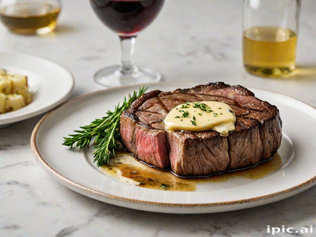 Deliciously Cooked Steak with Herb Butter Served on Elegant Dinner Plate