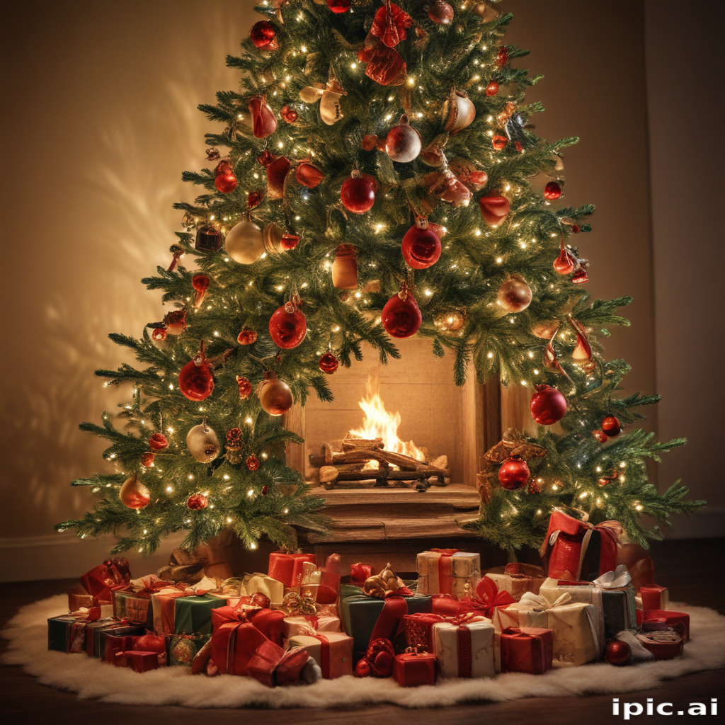 Cozy Christmas Scene Featuring a Beautifully Decorated Tree and Gifts