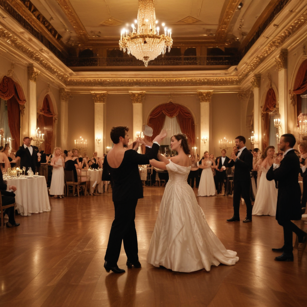 A Renaissance-era ballroom with couples dancing gracefully, surrounded ...