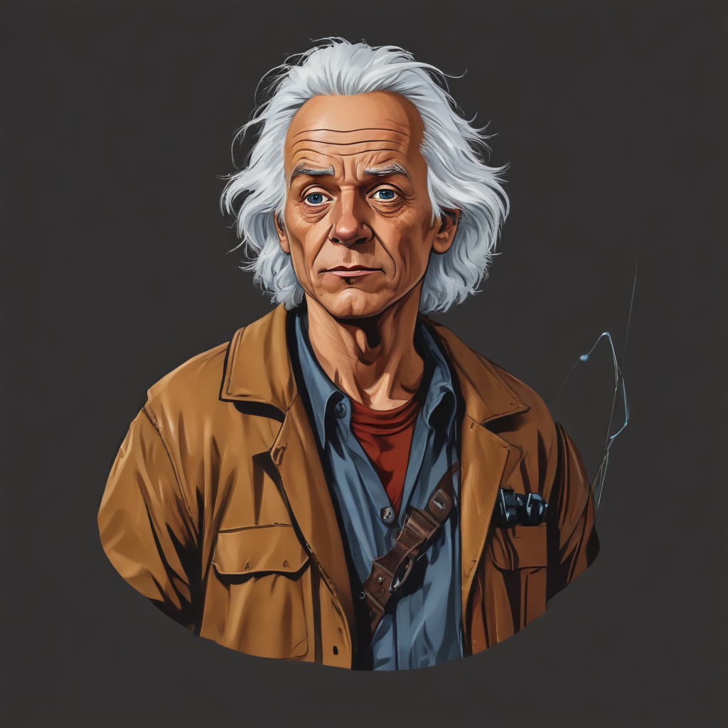 A cartoon logo of doc Emmett brown from back to the future fishing with ...